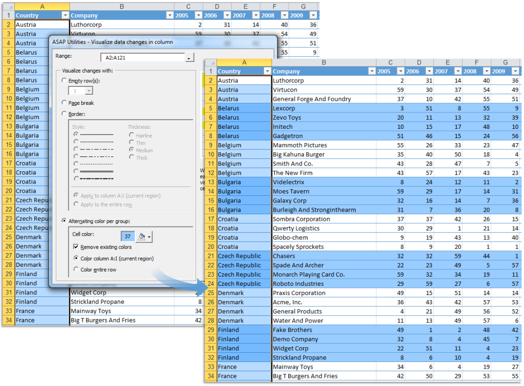 Tip Insert A Border Or Blank Row After Repeating Cell Values In A Column Asap Utilities Blog