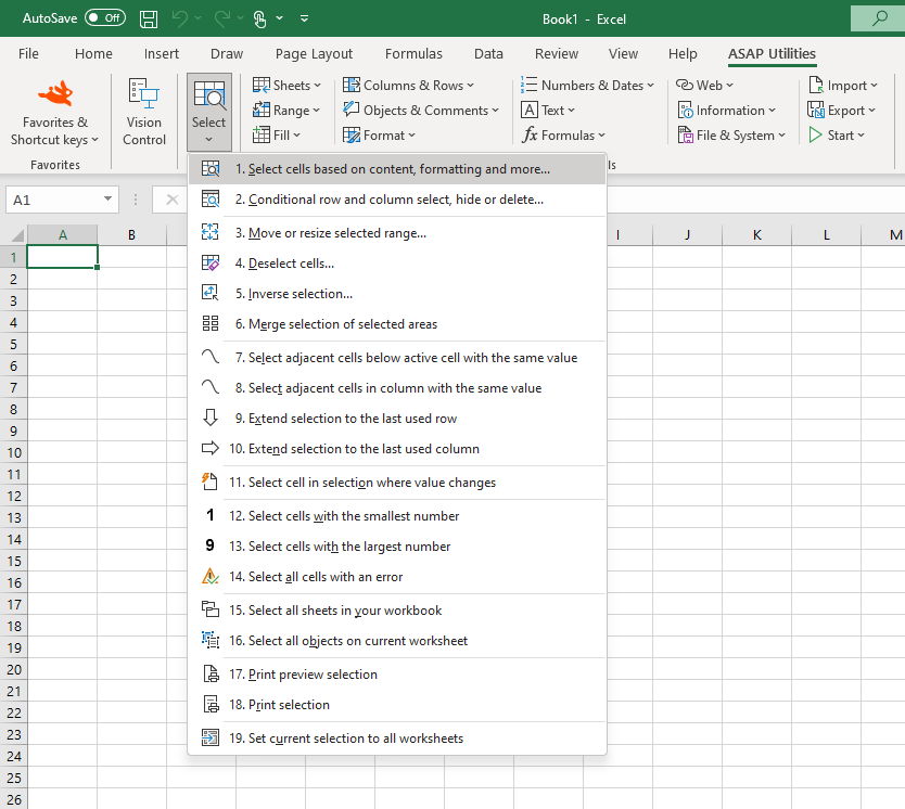 Select › 1 Select cells based on content, formatting and more... (English)