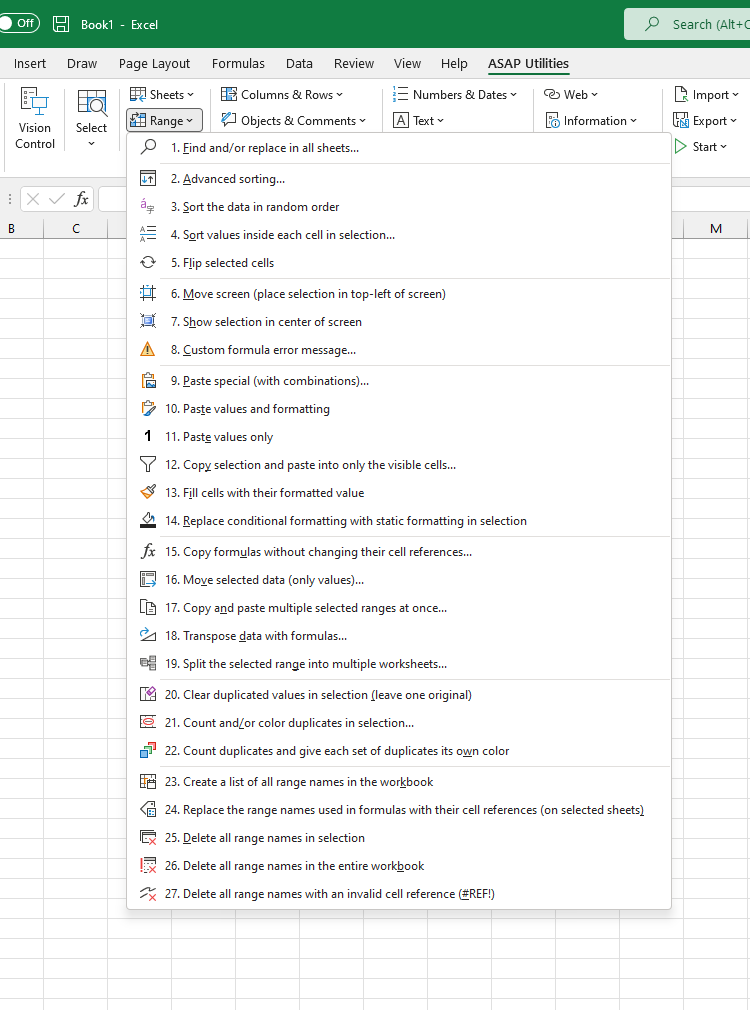 Range” Tools Added To Excel Asap Utilities Description Of Our Excel Tools English