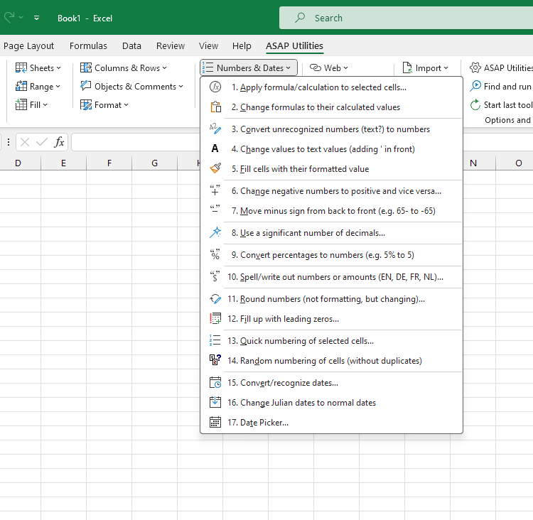 “Numbers & Dates” tools added to Excel - ASAP Utilities, description of ...