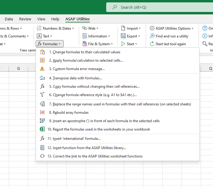 “Formulas” tools added to Excel - ASAP Utilities, description of our ...
