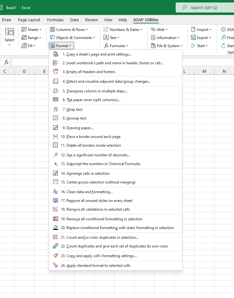 “Format” tools added to Excel - ASAP Utilities, description of our ...