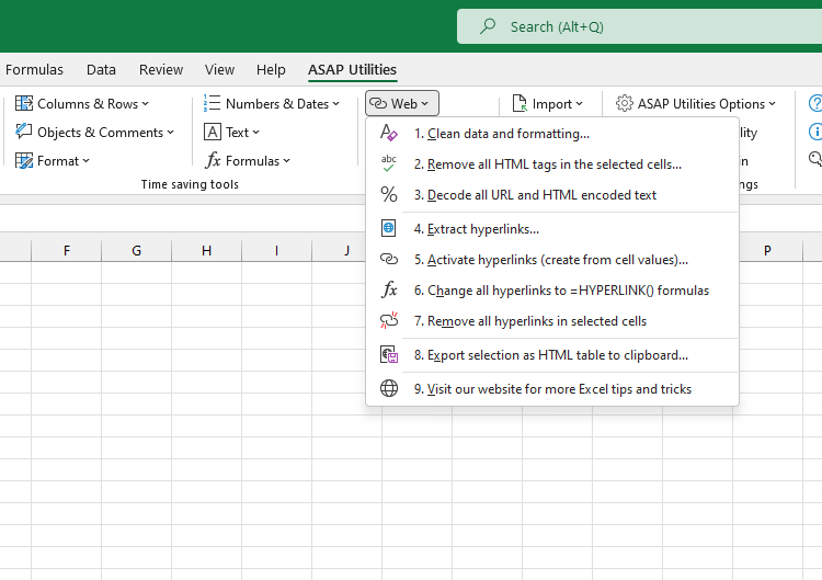 “Web” tools added to Excel - ASAP Utilities, description of our Excel ...