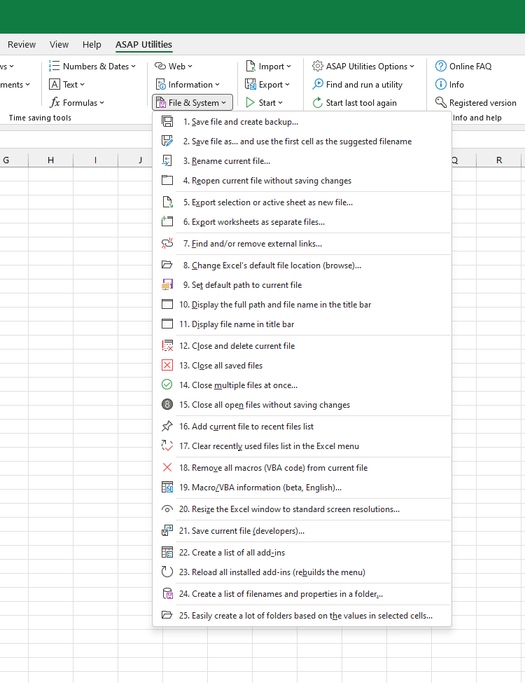 “File & System” tools added to Excel - ASAP Utilities, description of ...