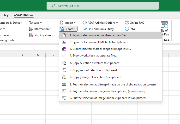 Export › 1 Export selection or active sheet as new file... (English)