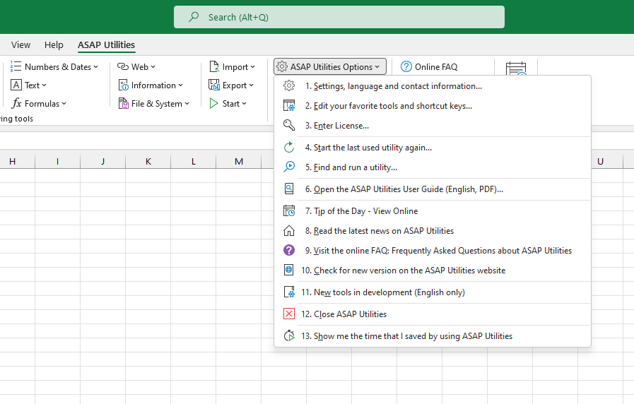 “ASAP Utilities Options” tools added to Excel - ASAP Utilities ...