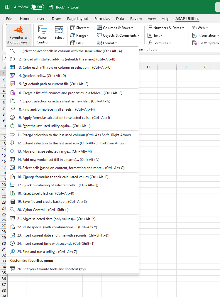 Favorites And Shortcut Keys” Tools Added To Excel Asap Utilities Description Of Our Excel