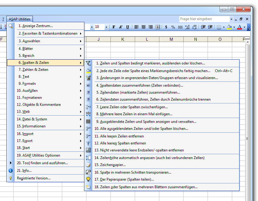 “Spalten & Zeilen” utilities - ASAP Utilities, eine Beschreibung seiner ...