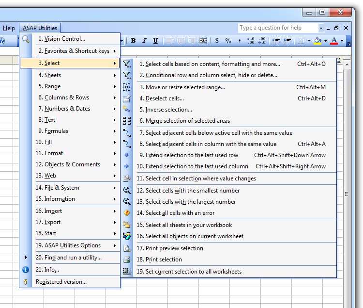 ASAP Utilities for Excel - “Seleziona” utilities - ASAP Utilities ...