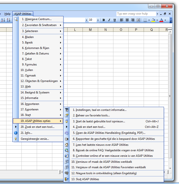 “ASAP Utilities Opties” utilities - Bijschrijving van de Excel tools in ...