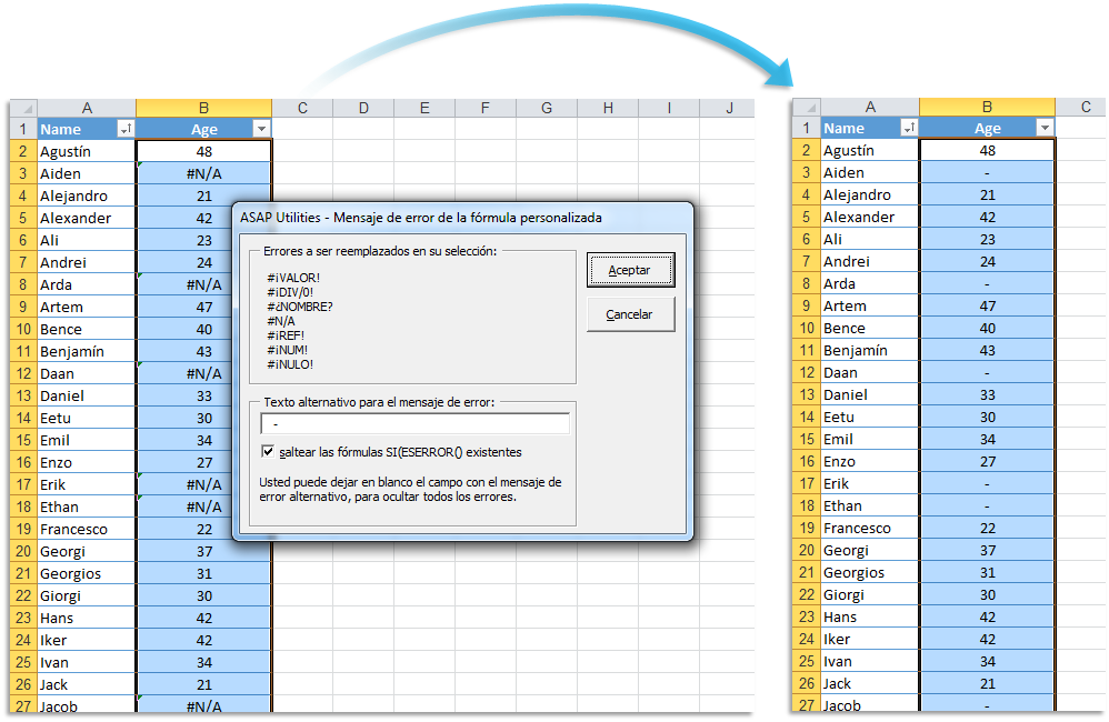 ASAP Utilities for Excel - Fórmulas » Mensaje de error de la fórmula ...